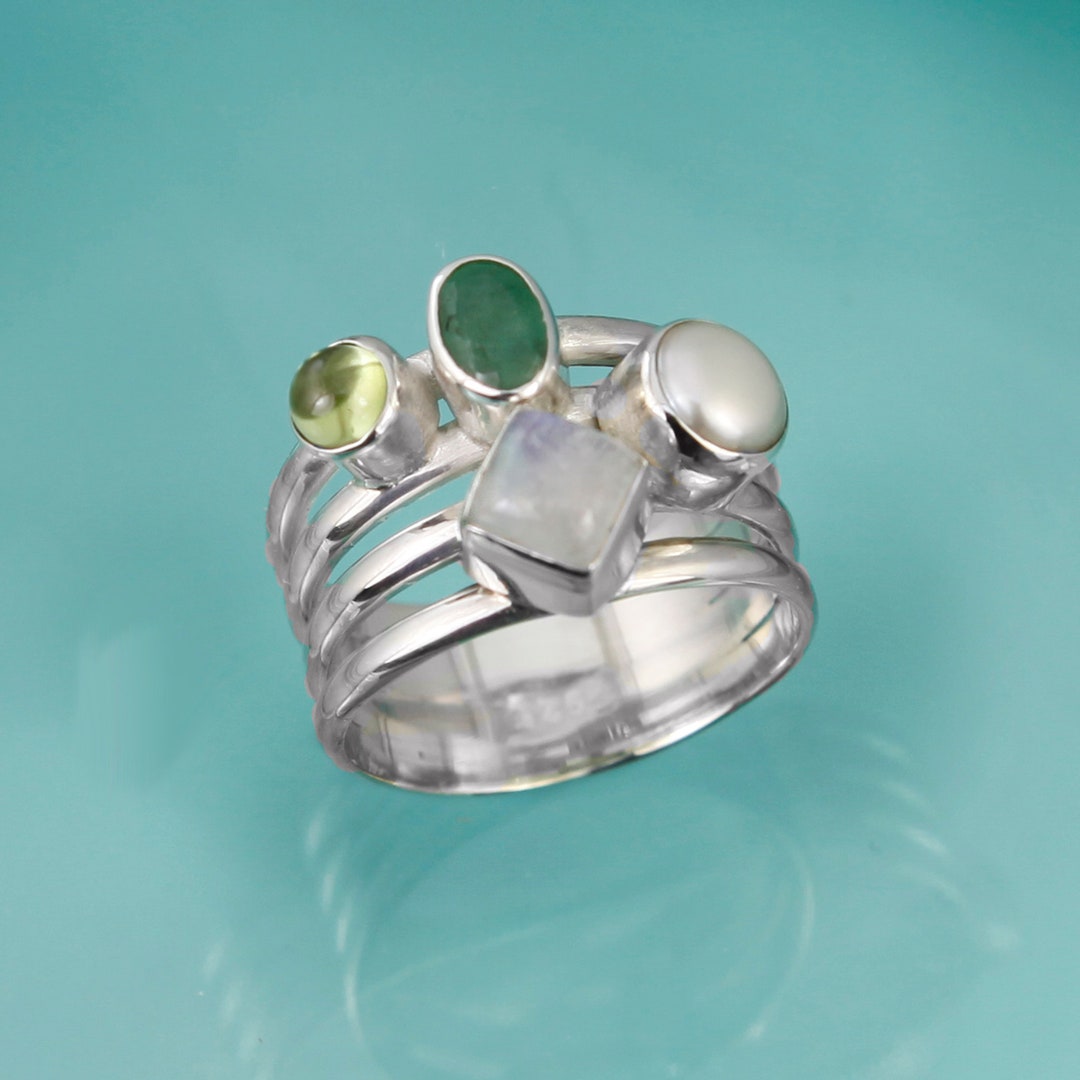 Emerald Multi-stone Silver Ring, Emerald Ring, Pearl, Moonstone ...