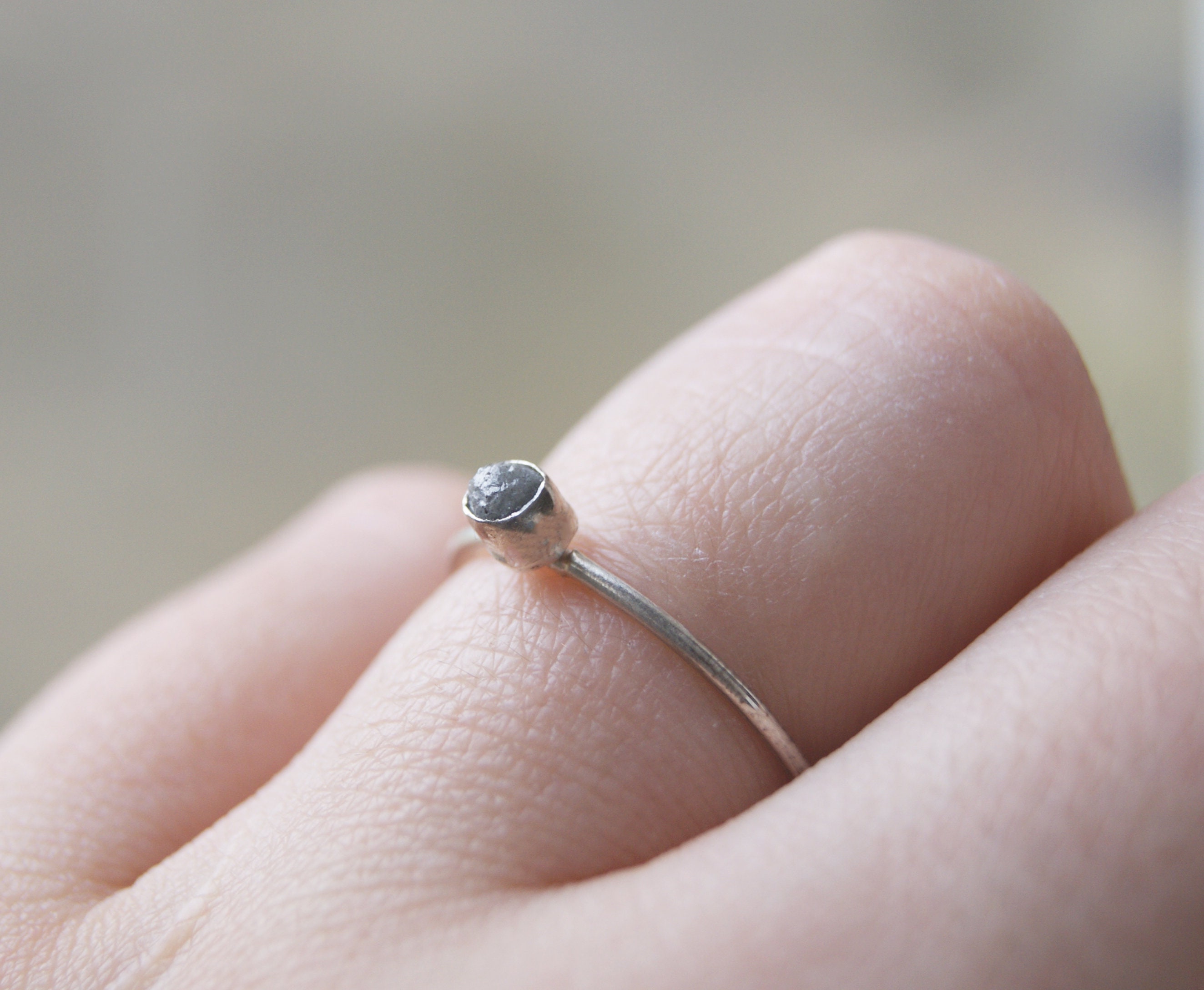 Tiny Raw Diamond Ring, Silver Diamond Ring, Skinny Stacking Ring, Grey ...
