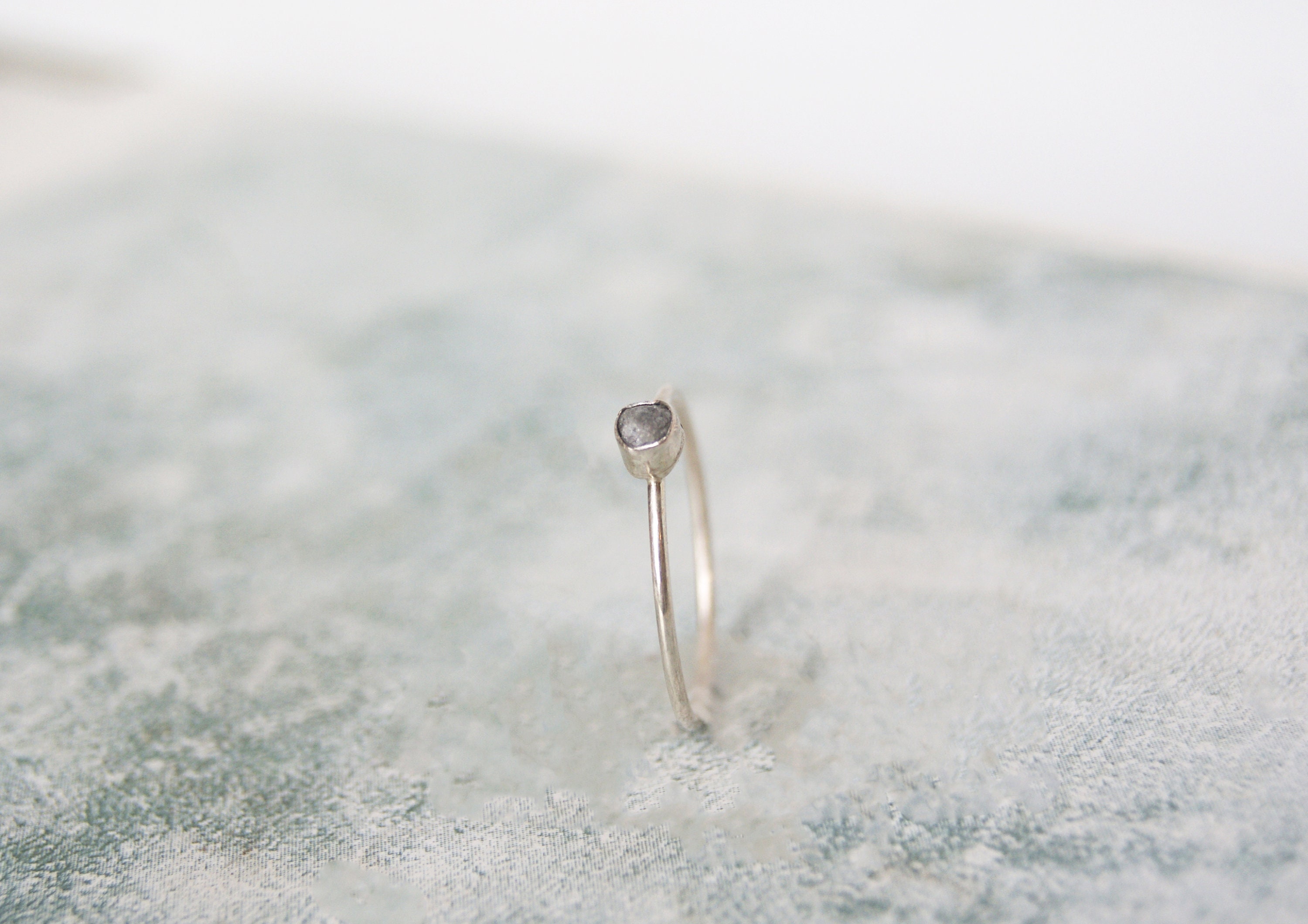 Tiny Raw Diamond Ring, Silver Diamond Ring, Skinny Stacking Ring, Grey ...