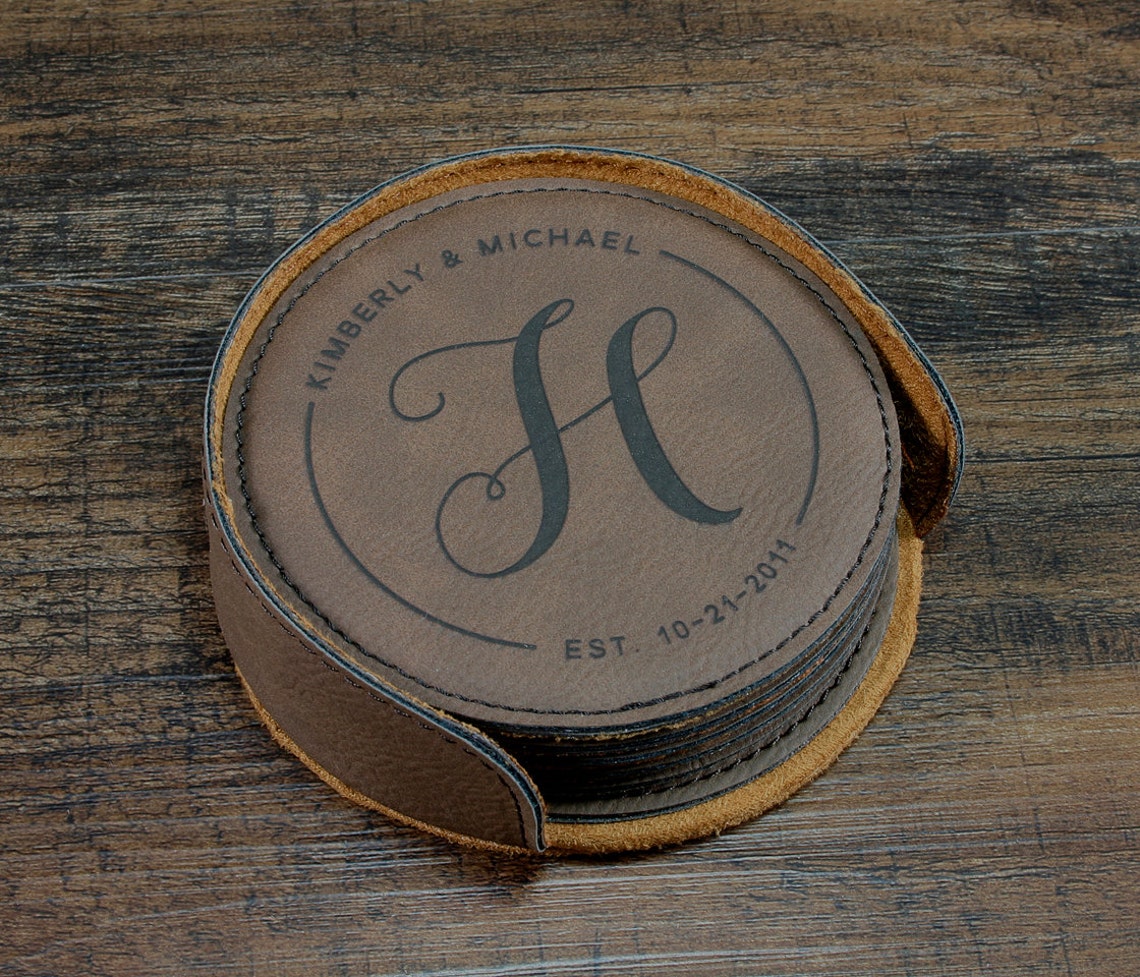 Monogrammed Leather Coaster Set Customized Coasters Engraved | Etsy