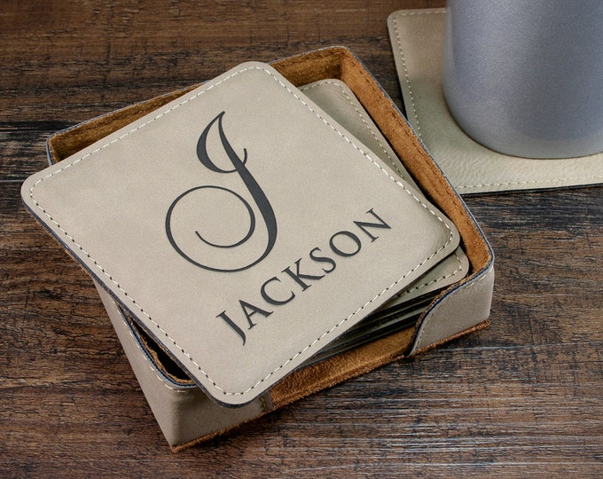 Personalized Leather Coaster Set, Custom Engraved Coasters, Leather ...