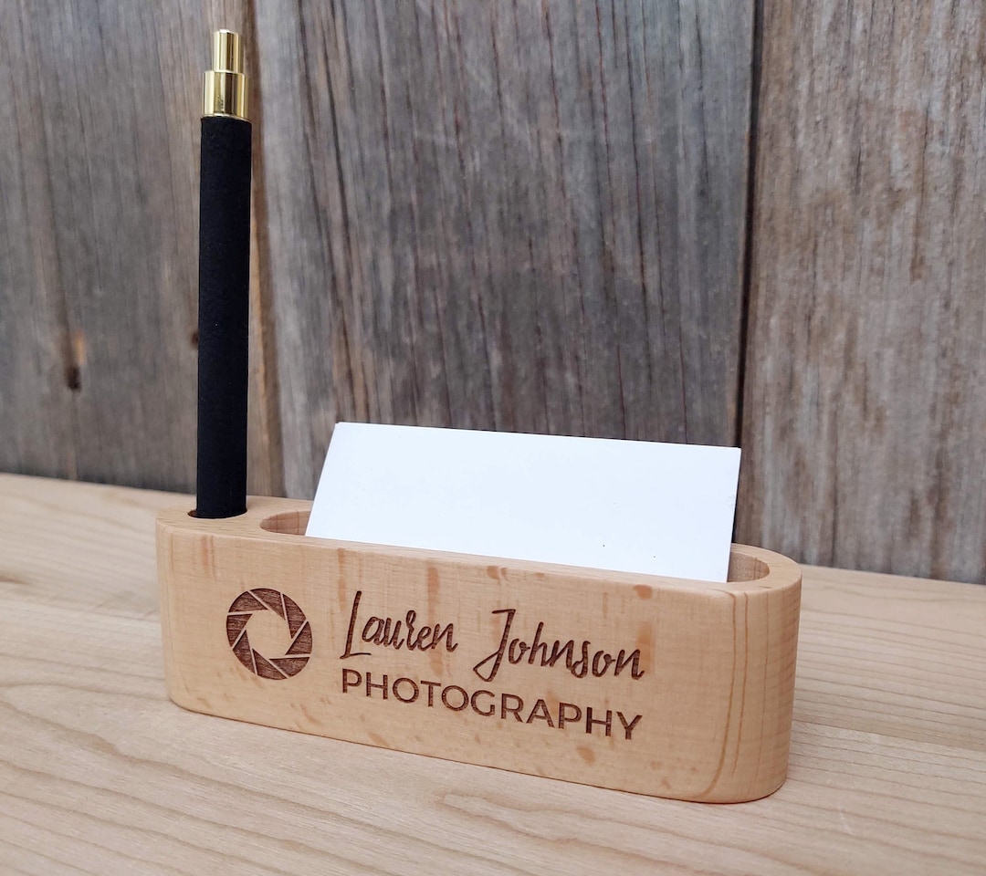 Personalized Wood Business Card Holder With Pen Holder, Engraved Wood ...