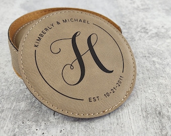 Monogrammed Leather Coaster Set Personalized Engraved Gift - Etsy