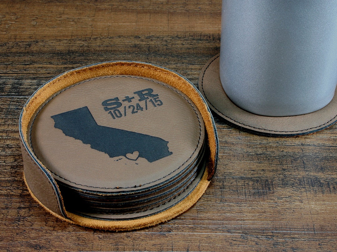 Personalized State Coaster Set Customized Round Leather - Etsy