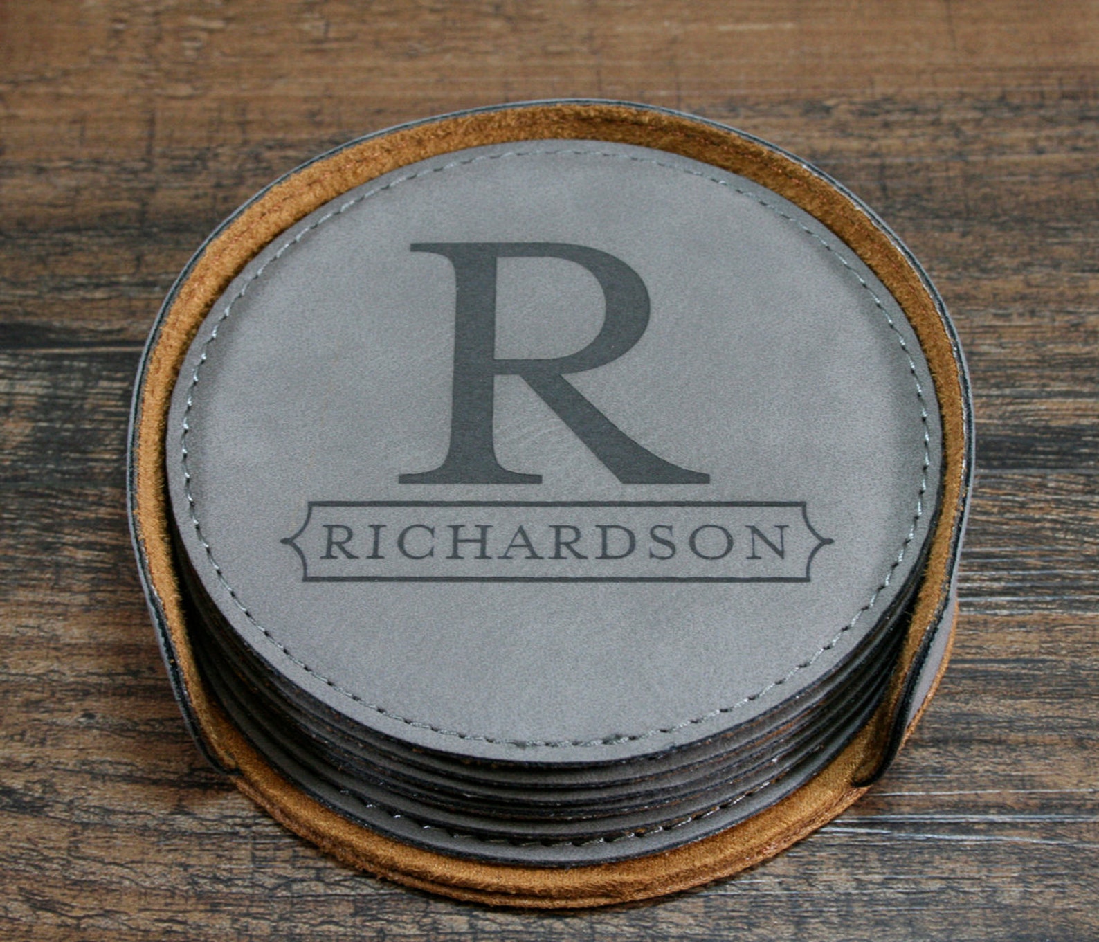 Monogrammed Leather Coaster Set Customized Coasters Family - Etsy