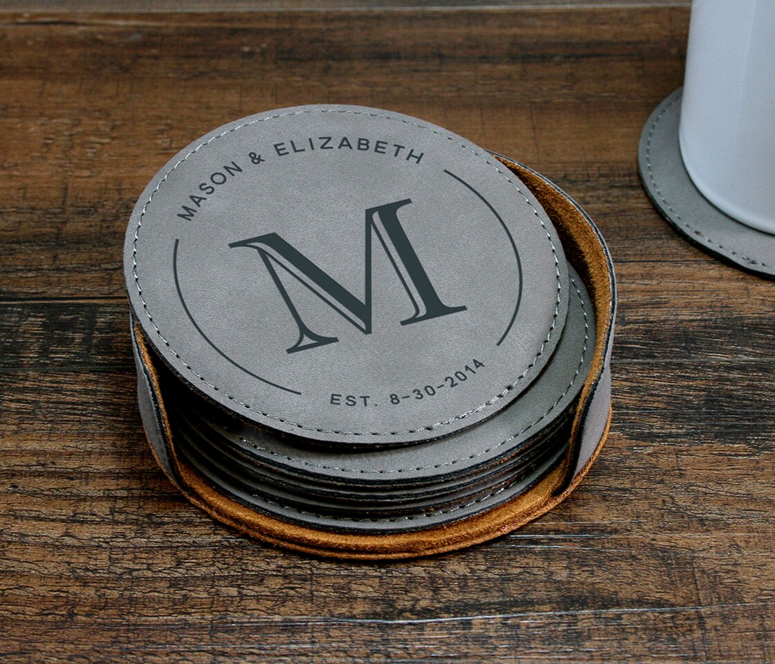 Monogrammed Leather Coaster Set Personalized Engraved Gift - Etsy