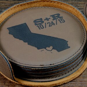 Personalized State Coaster Set, Customized Round Leather Coasters ...