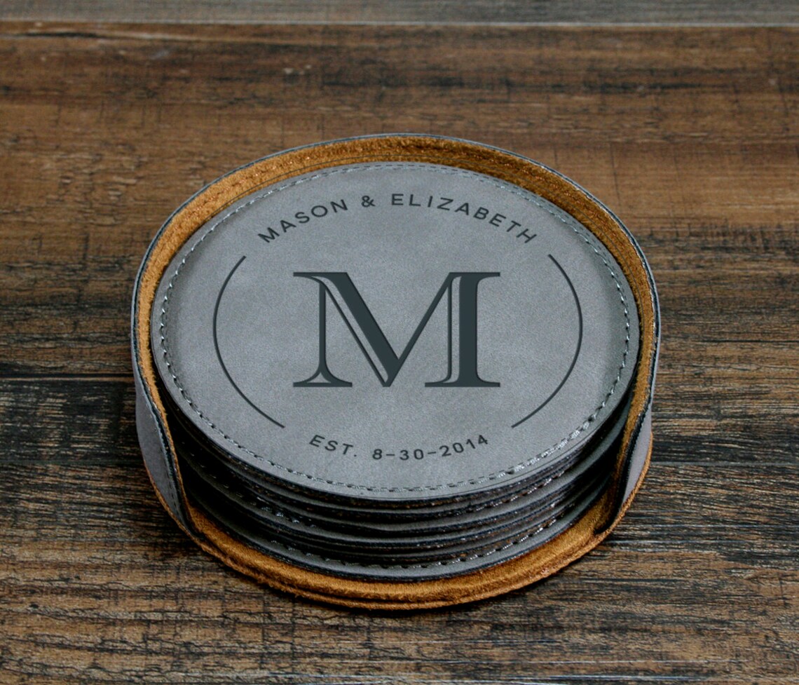 Monogrammed Leather Coaster Set Personalized Engraved Gift - Etsy