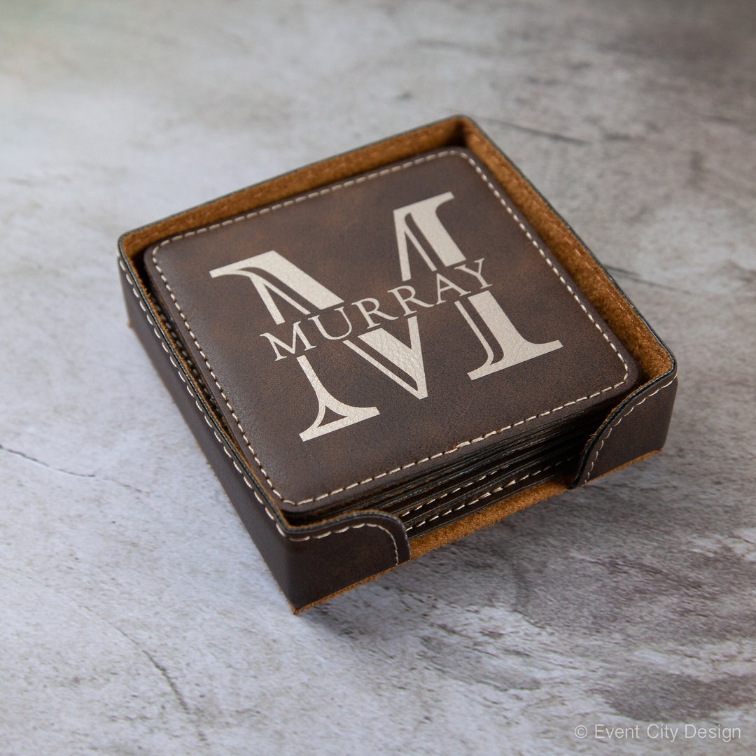 Monogrammed Leather Coaster Set, Personalized Coasters, Custom Engraved ...