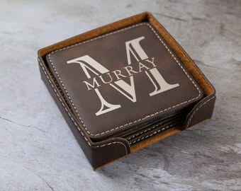 Monogrammed Leather Coaster Set Personalized Engraved Gift - Etsy