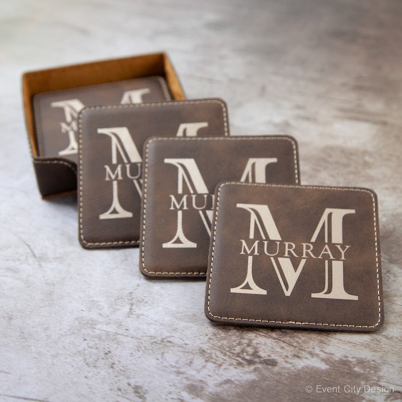 Monogrammed Leather Coaster Set, Personalized Coasters, Custom Engraved ...