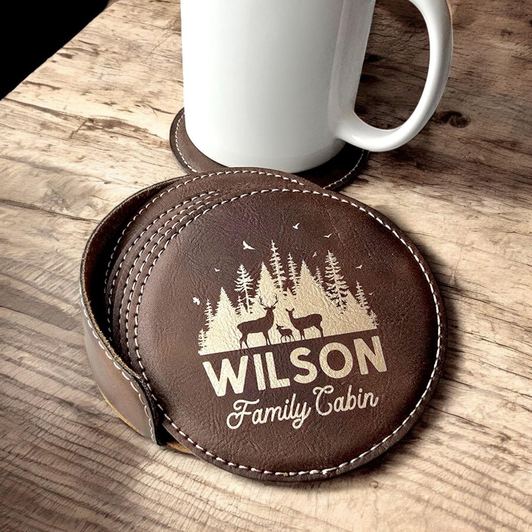Family Cabin Custom Coaster Set Featuring Personalized Nature Design ...