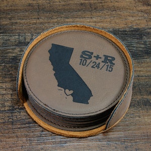Personalized State Coaster Set, Customized Round Leather Coasters ...