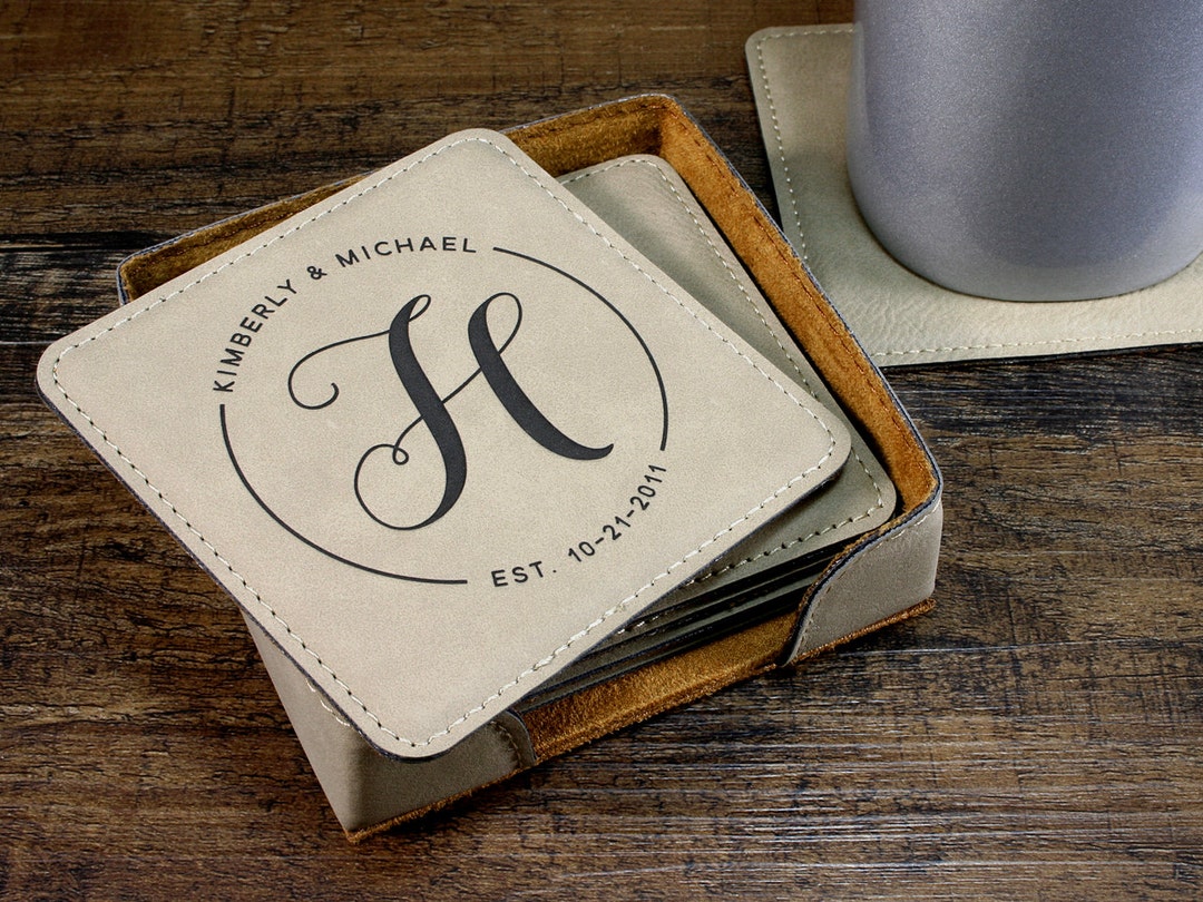 Personalized Coasters, Monogrammed Coaster Set for Couples, Leather ...