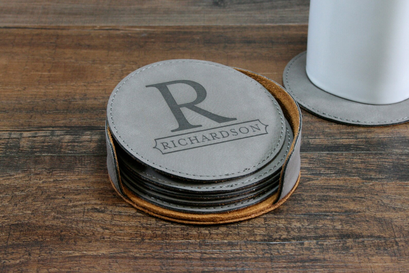 Monogrammed Leather Coaster Set Customized Coasters Family - Etsy