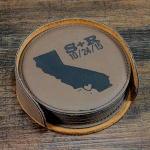 Personalized State Coaster Set, Customized Round Leather Coasters ...