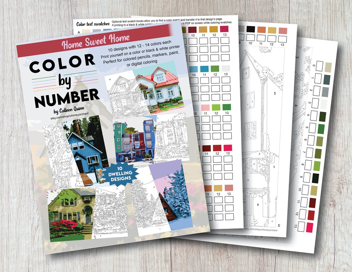 Homes Color by Number for Adults - 10 Printable Designs - Etsy