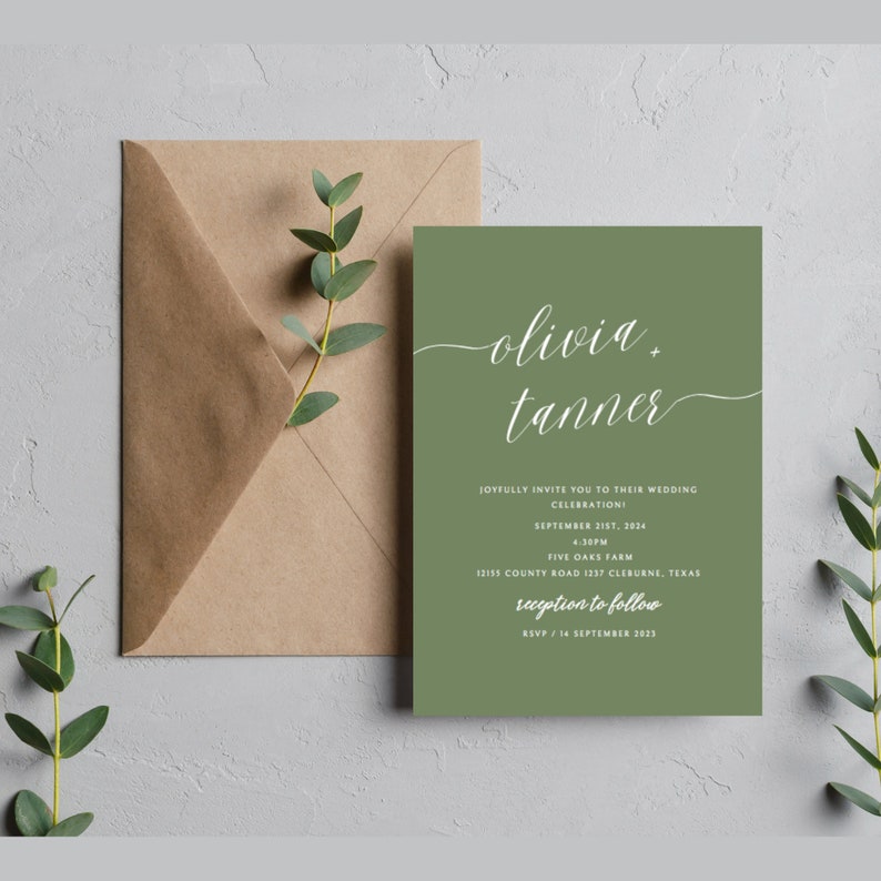 Olive Sage Green Minimal Cursive Simple Editable Wedding Invitation ...