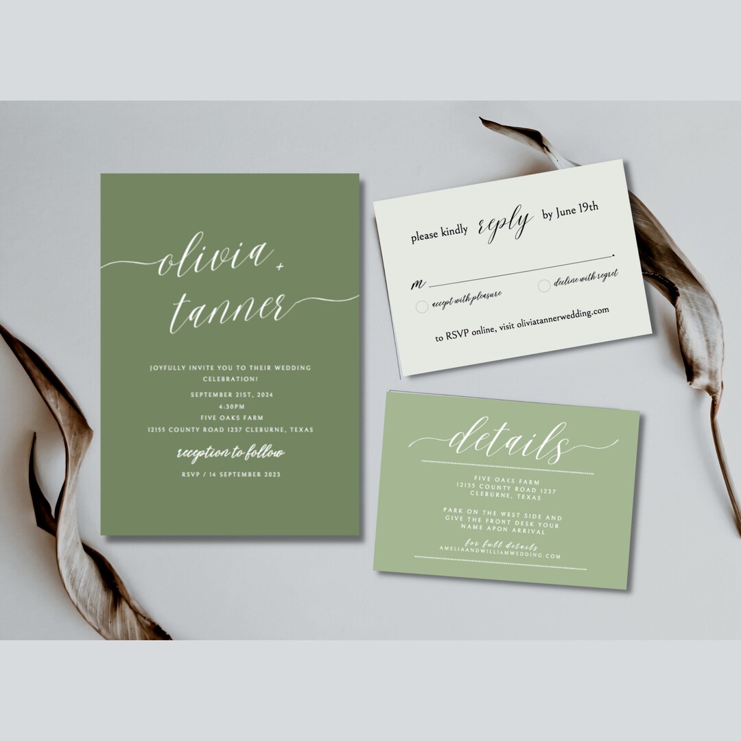 Olive Sage Green Minimal Cursive Simple Wedding Invitation Card Bundle ...