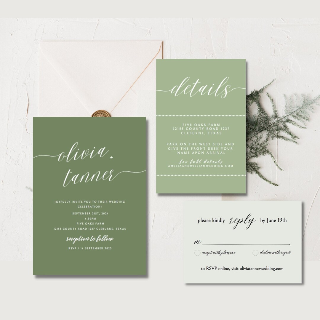 Olive Sage Green Minimal Cursive Simple Wedding Invitation Card Bundle ...