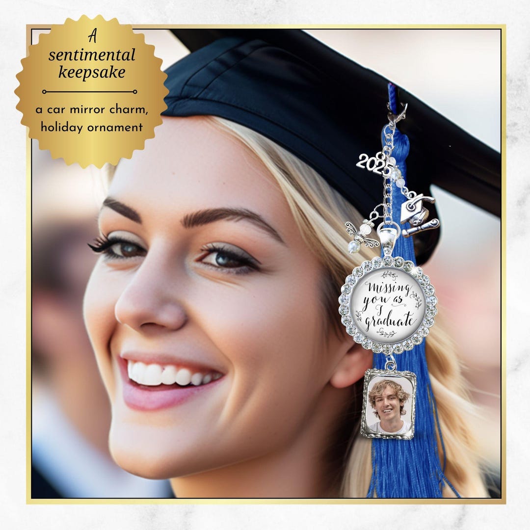 Graduation Cap Tassel Memorial Photo Charm Rhinestone Personalize Missing You Pendant Silver ...