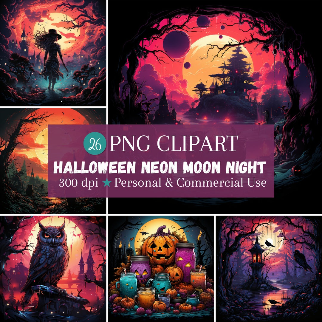 Halloween Clipart Bundle, Neon Moon Night Illustration, Witch Cauldron ...