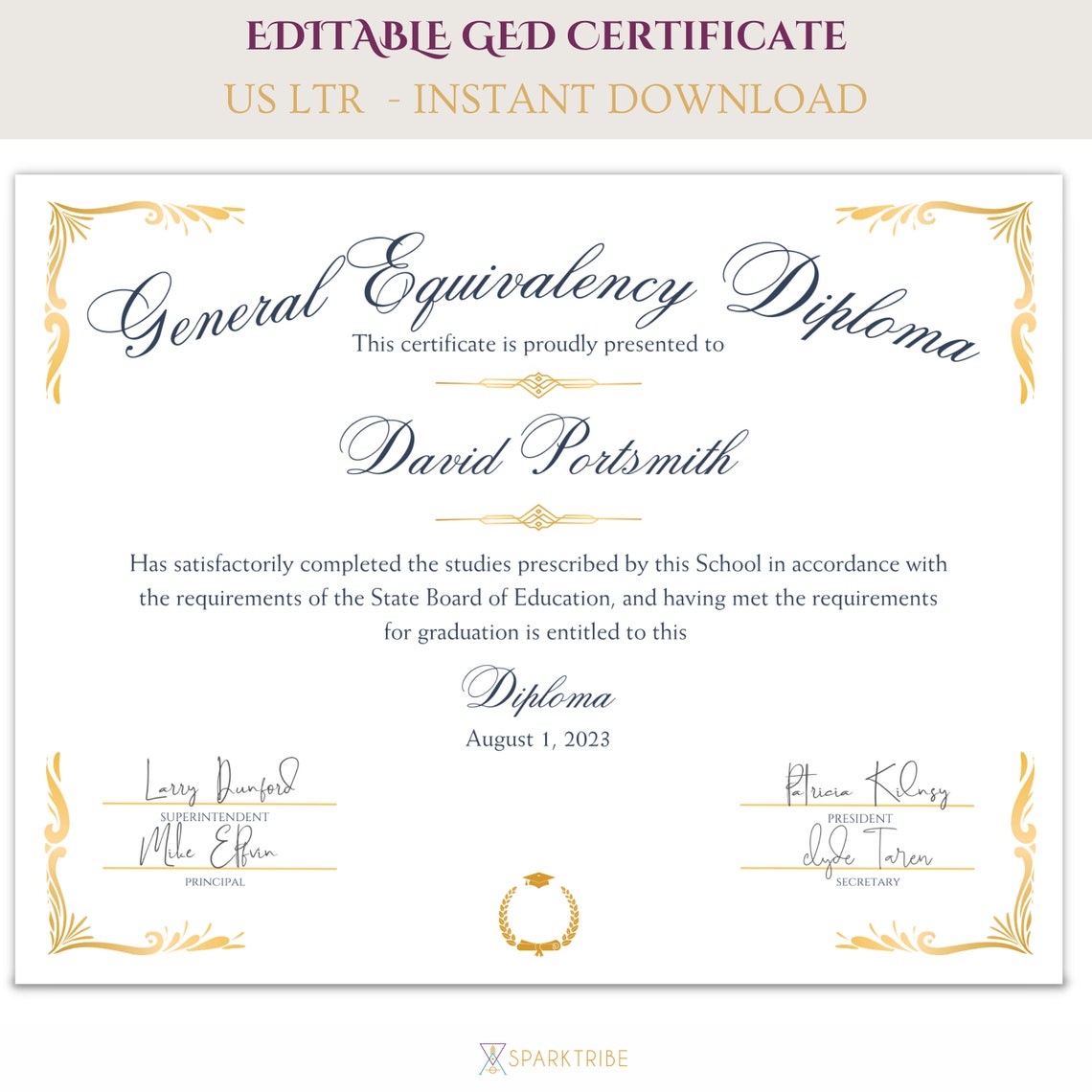 GED Diploma Certificate, Editable and Printable Template, US Ltr, Add Your Logo, Modern Design ...