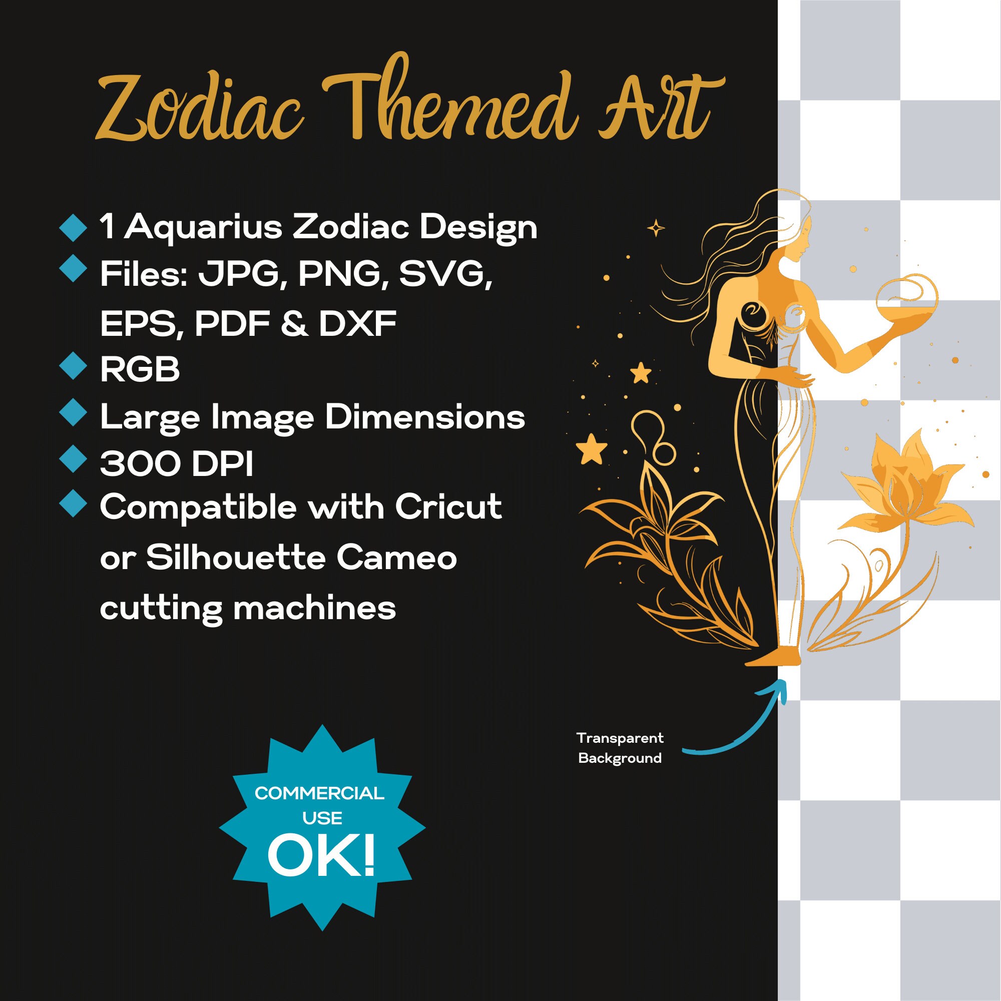 Aquarius Svg, Floral Woman Water Jug Clipart, Gold Zodiac Sign, Orange ...