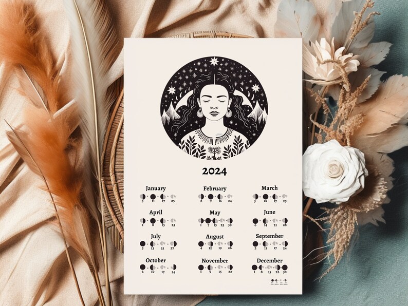 Moon Phase Calendar PDF, 2024 Printable Lunar Wall Art, Witch Yearly ...