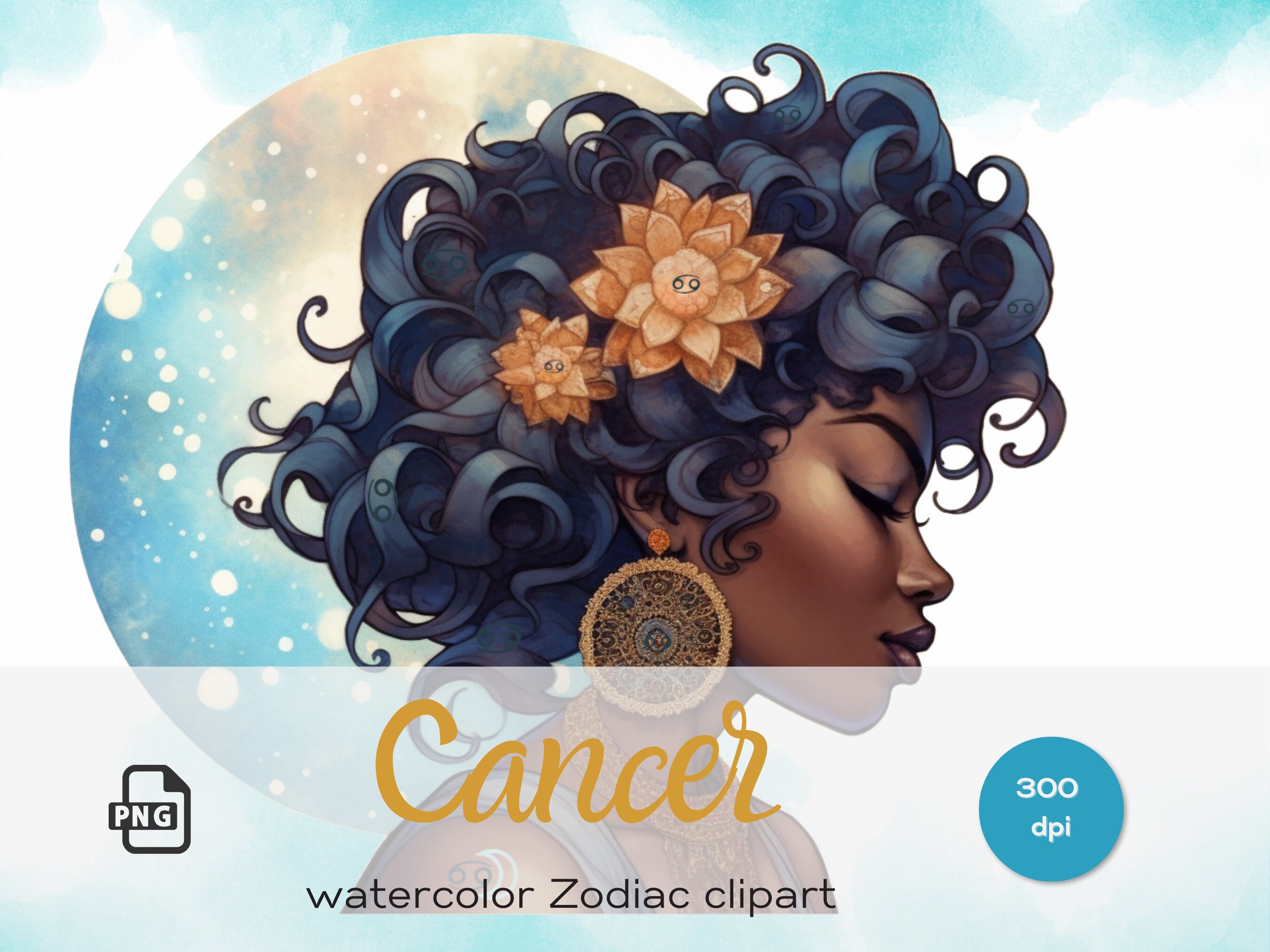 Cancer Woman Watercolor Png, Black Girl Zodiac, Afro Goddess Magic ...