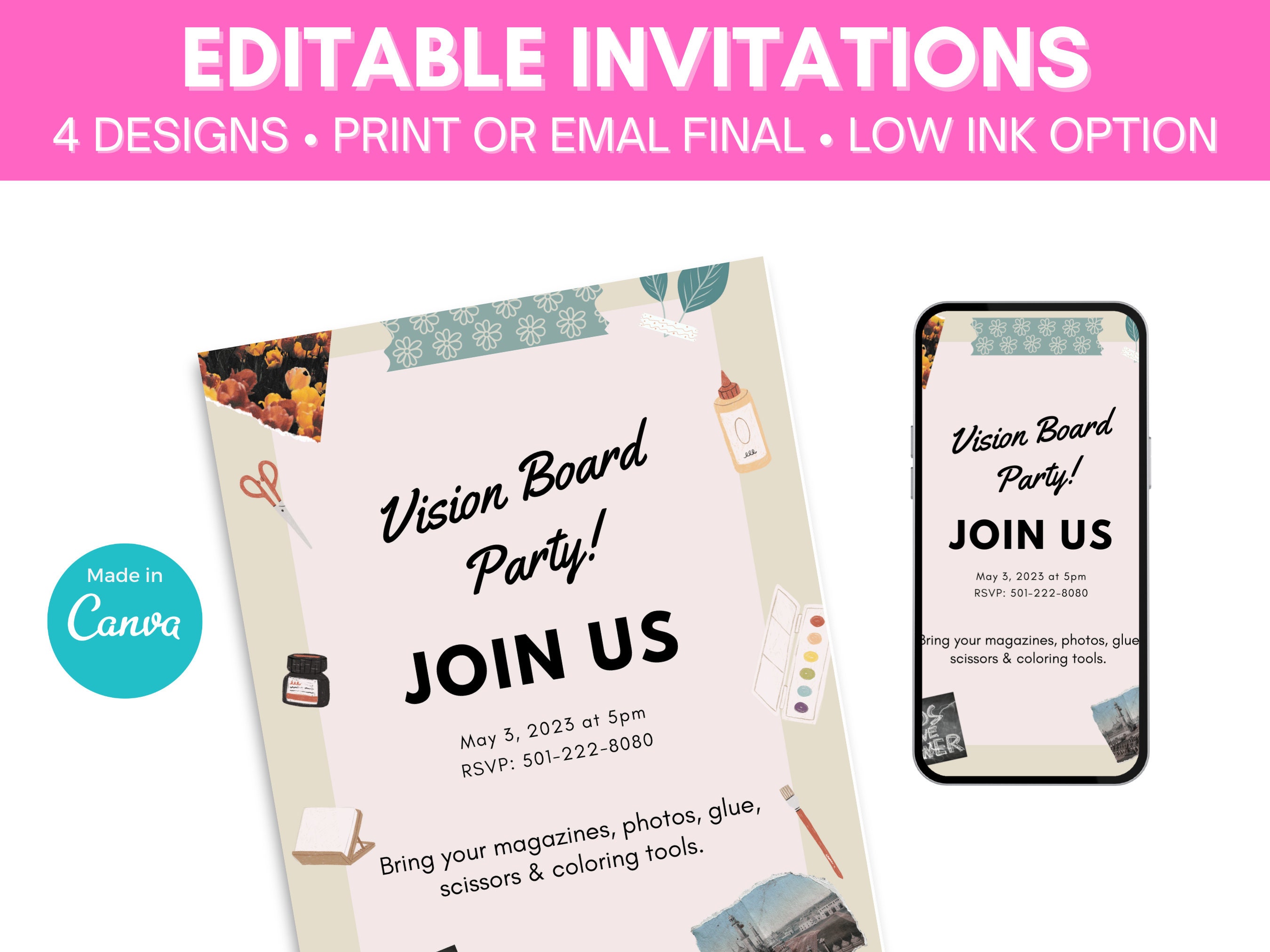 Light & Airy Vision Board Party Invitation Template, Editable Printable ...