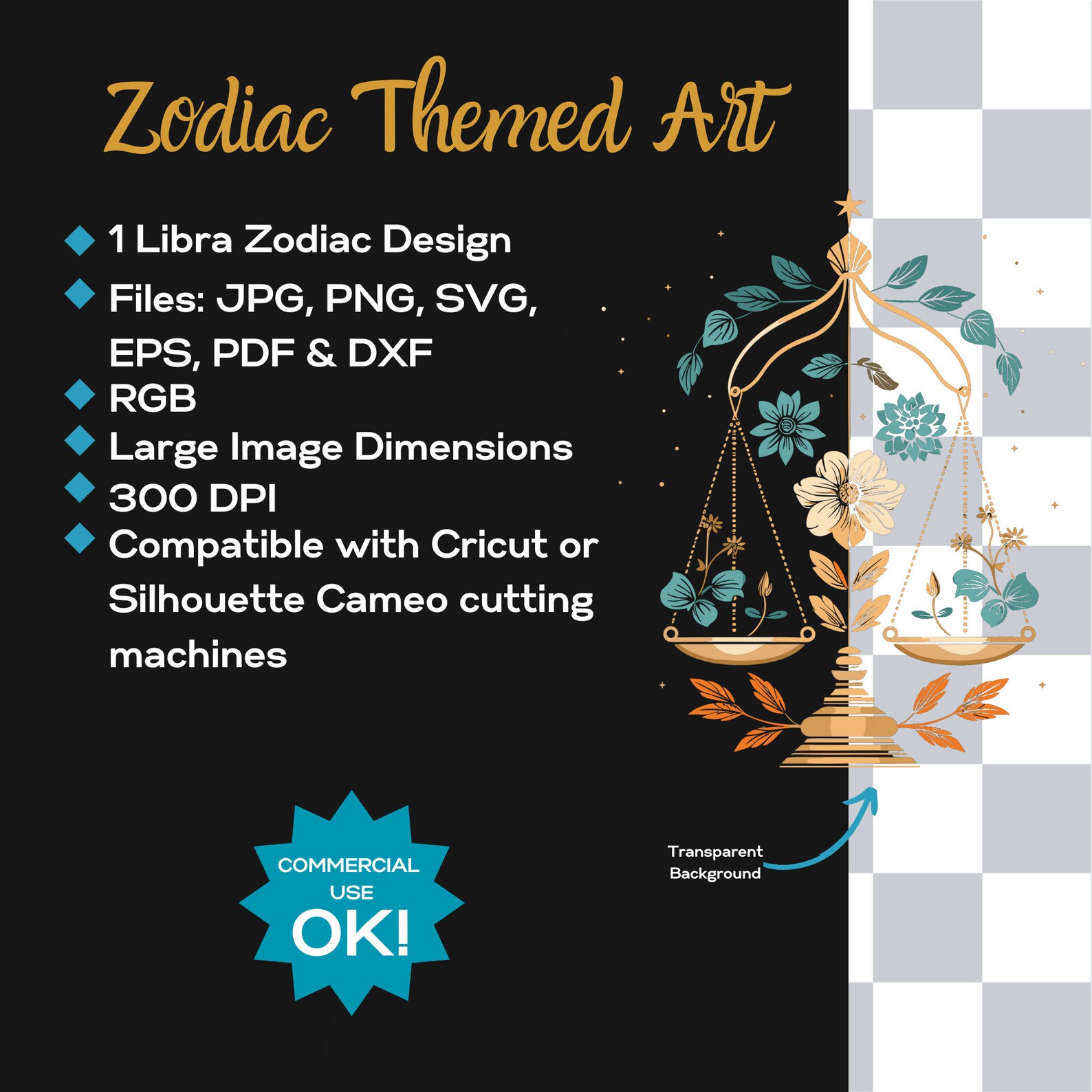 Libra Svg, Floral Scales, Star Sign Clipart, Gold Zodiac Sign, Blue and ...