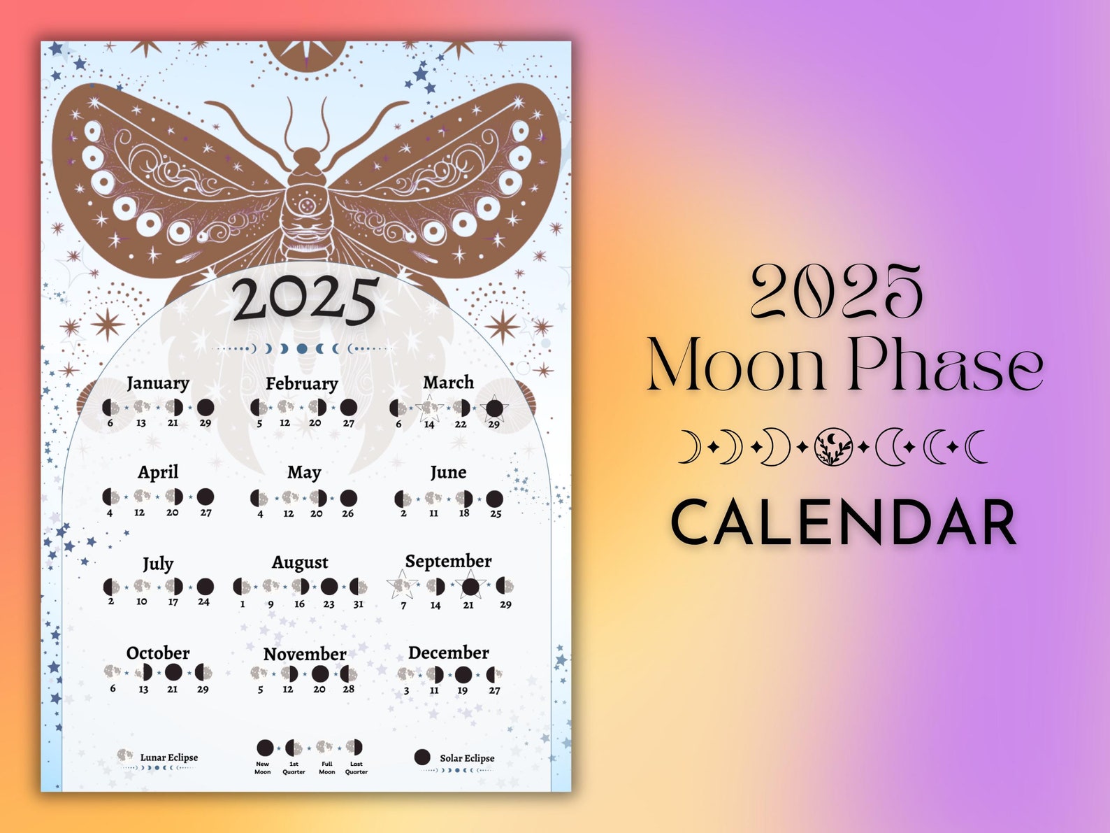 Lunar Moth Moon Phase Calendar 2025 PDF, Printable Pdf for Lunar Magic ...