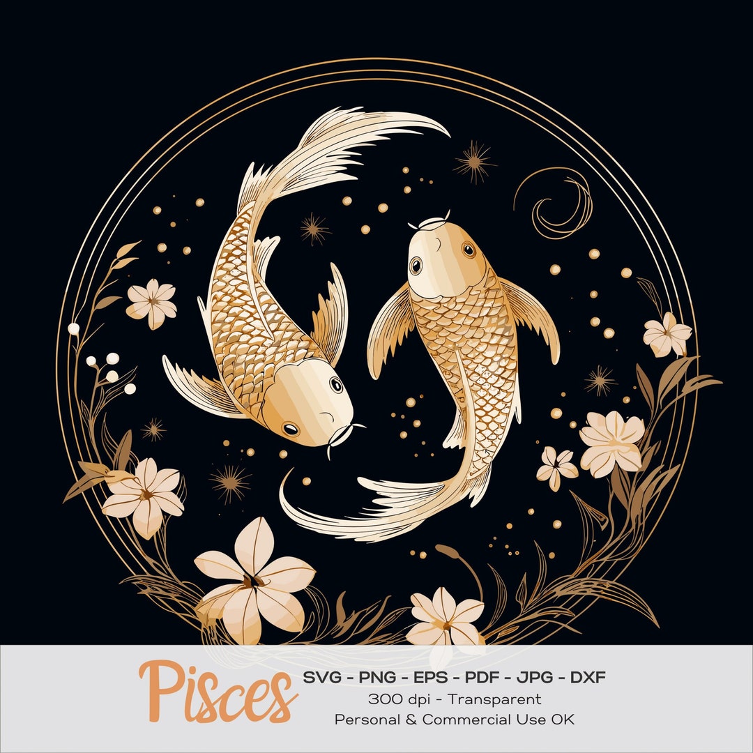 Pisces Svg, Floral Koi Fish Clipart, Gold Zodiac Sign, Orange Flower ...