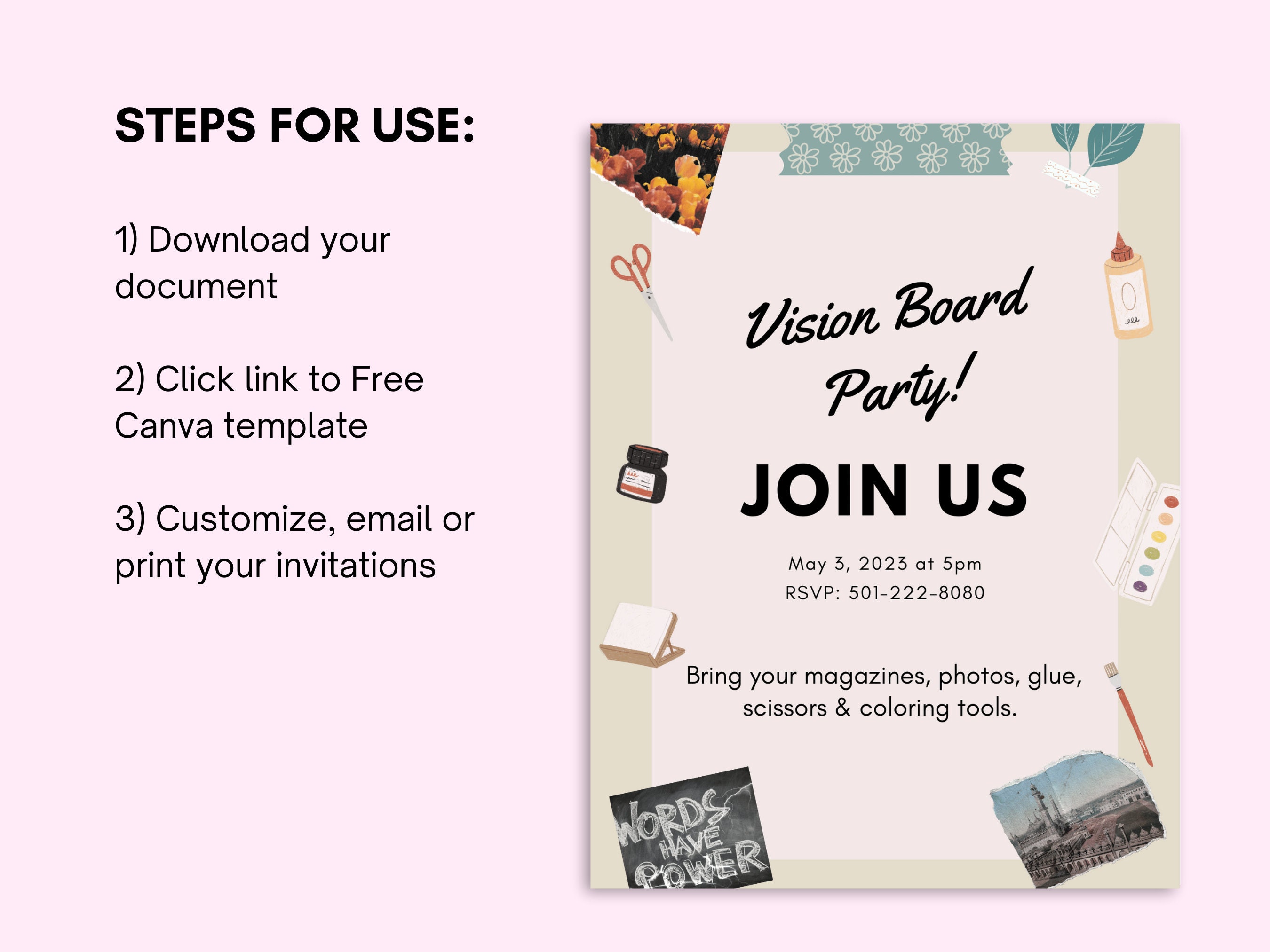 Light & Airy Vision Board Party Invitation Template, Editable Printable ...