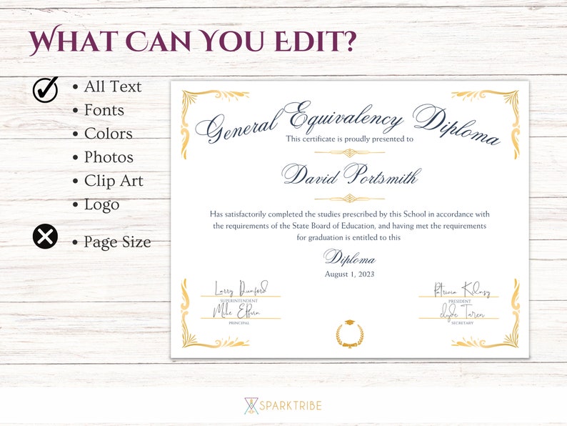 GED Diploma Certificate, Editable and Printable Template, US Ltr, Add Your Logo, Modern Design ...
