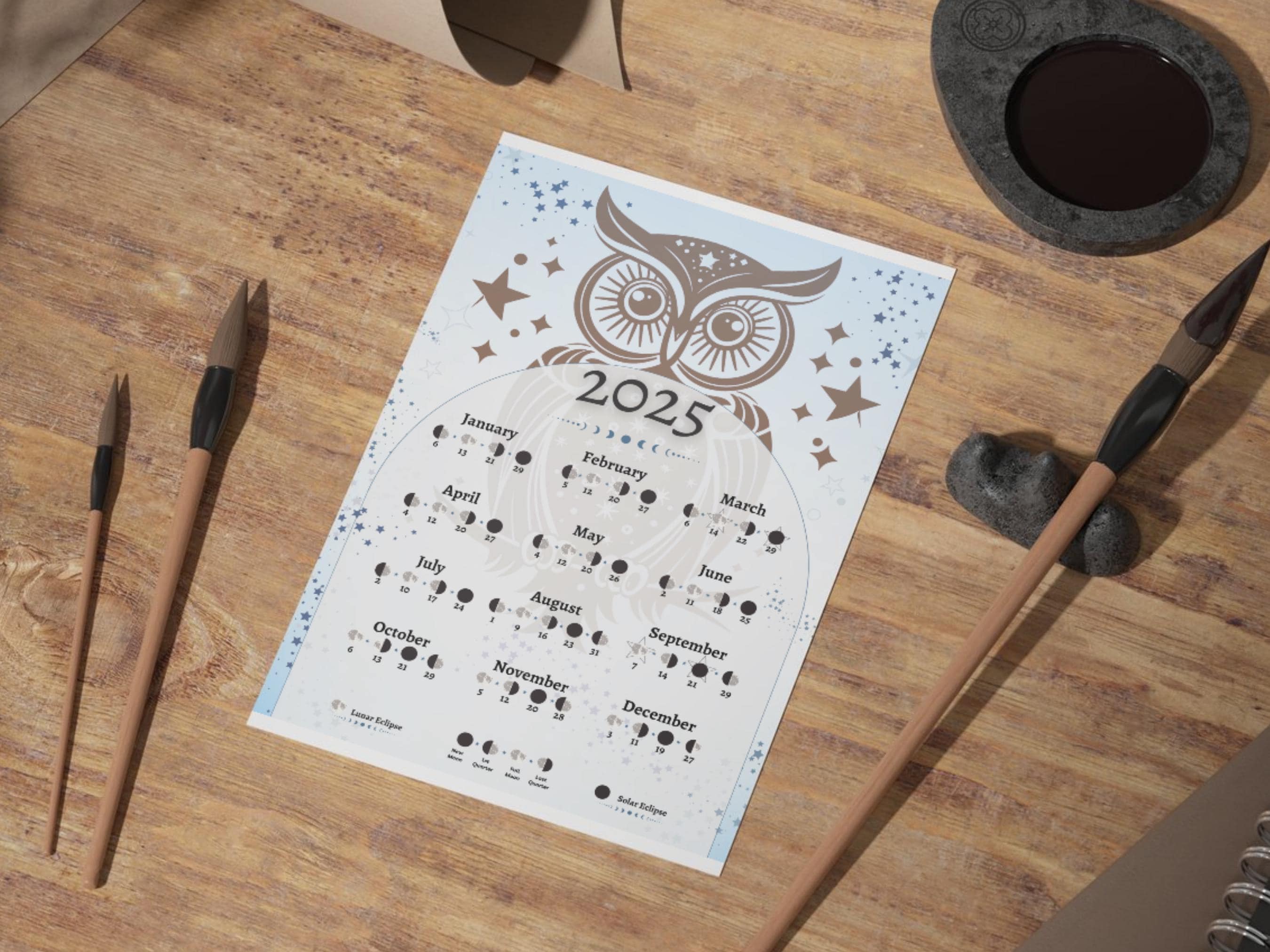 Owl Moon Phase Calendar 2025 PDF, Printable Pdf for Lunar Magic ...