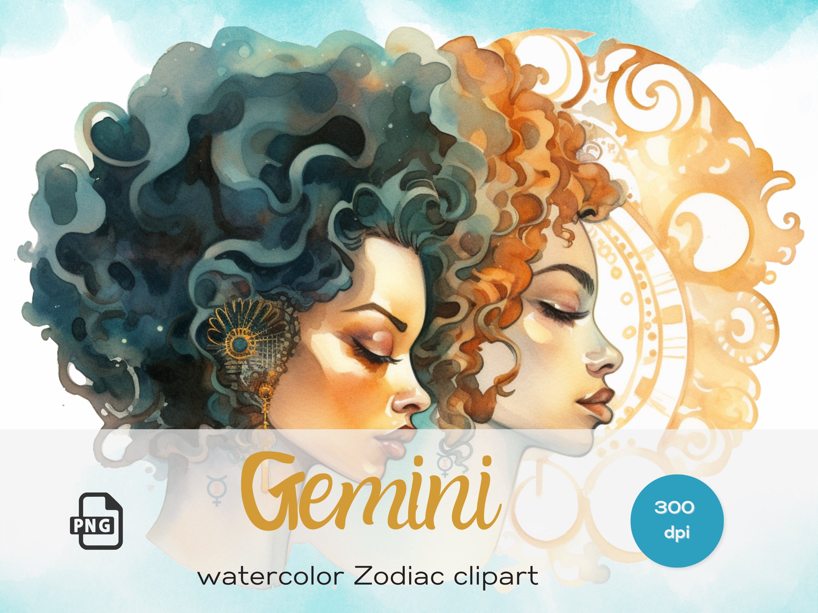 Gemini Woman Watercolor PNG, Black Girl Zodiac, Twins Profile Image ...