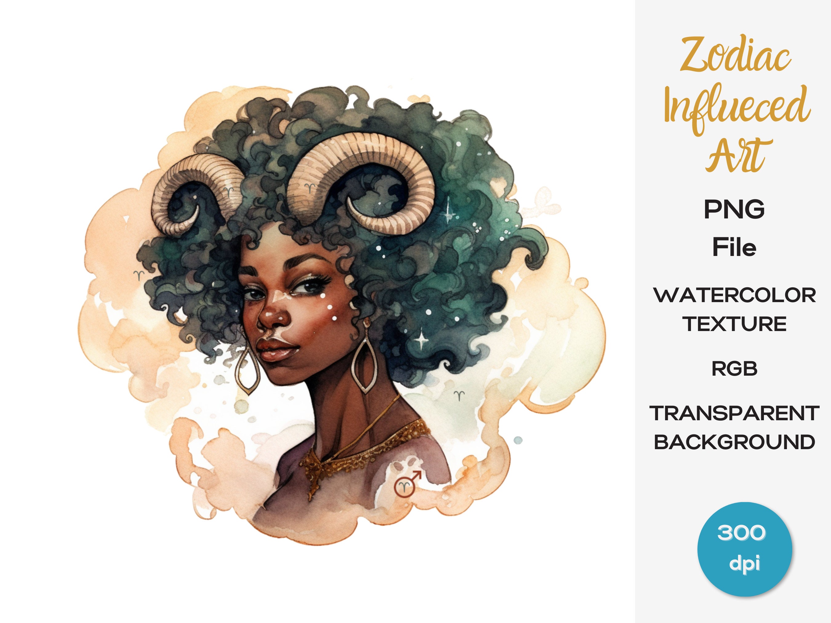 Aries Woman Watercolor PNG, Black Girl Zodiac, Afro Goddess Magic, Ram ...