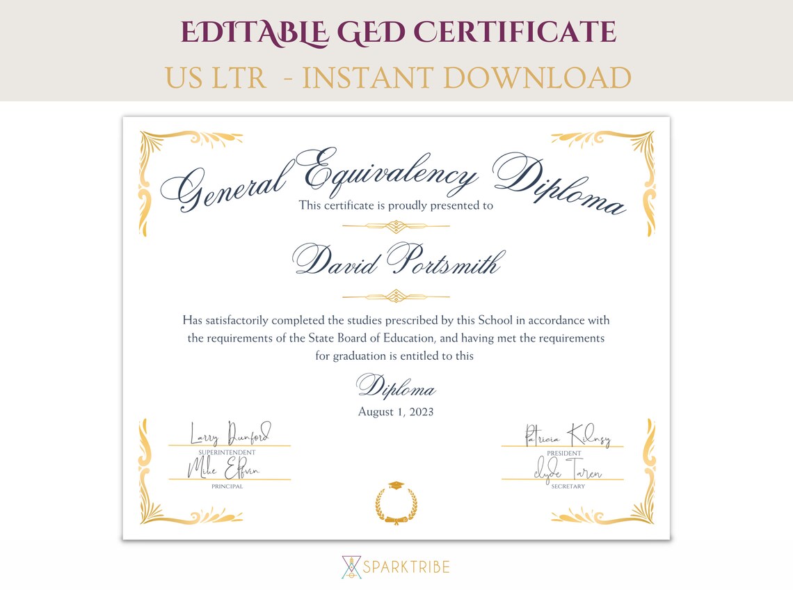 GED Certificate, Editable and Printable Template, US Ltr, Add Your Logo ...