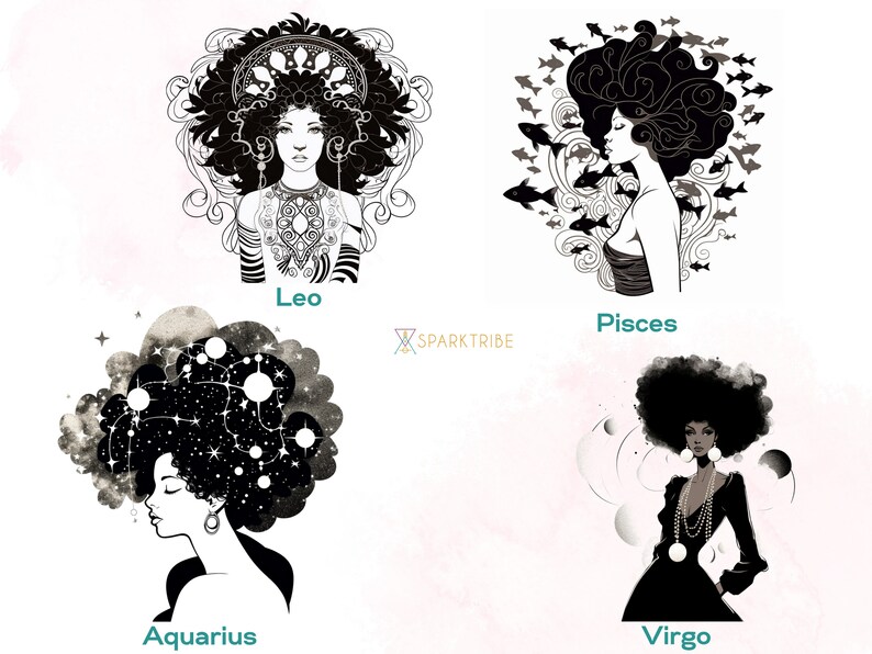 Afro Zodiac Sign Clipart Svg Bundle, Black Girl Magic Vector Files ...