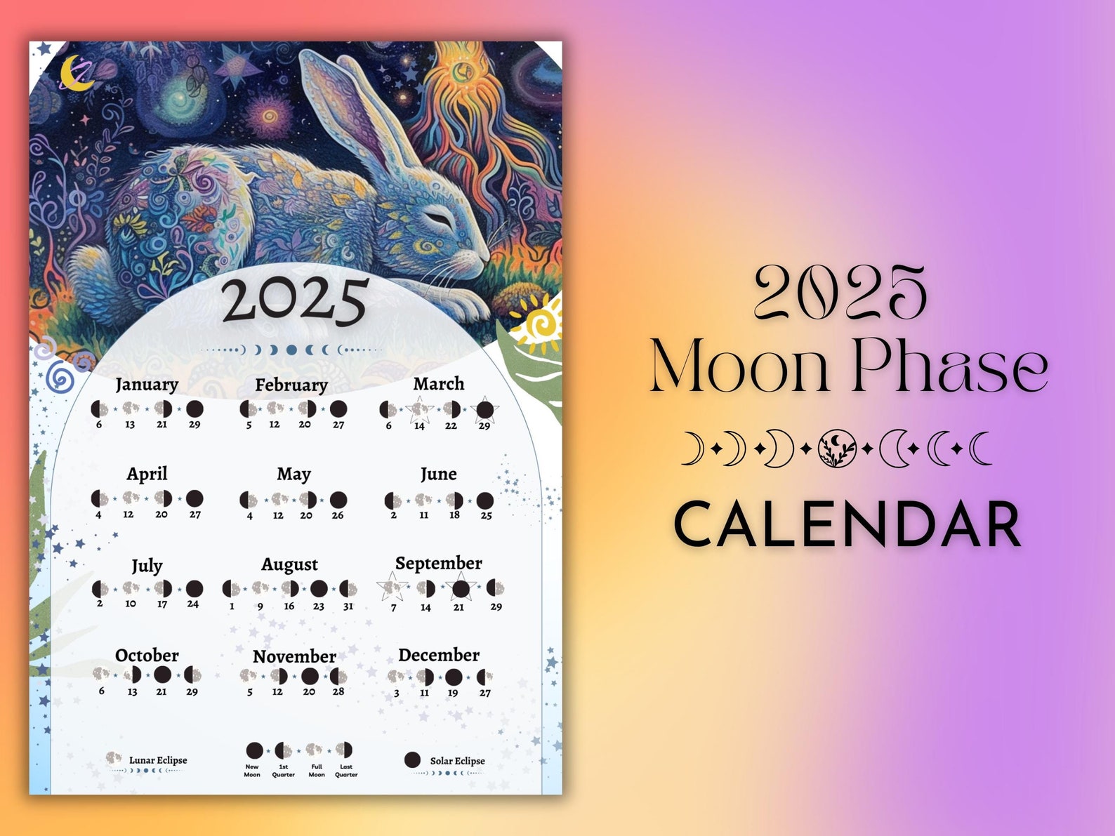 Rabbit Moon Phase Calendar 2025 PDF, Printable Pdf for Lunar Magic ...