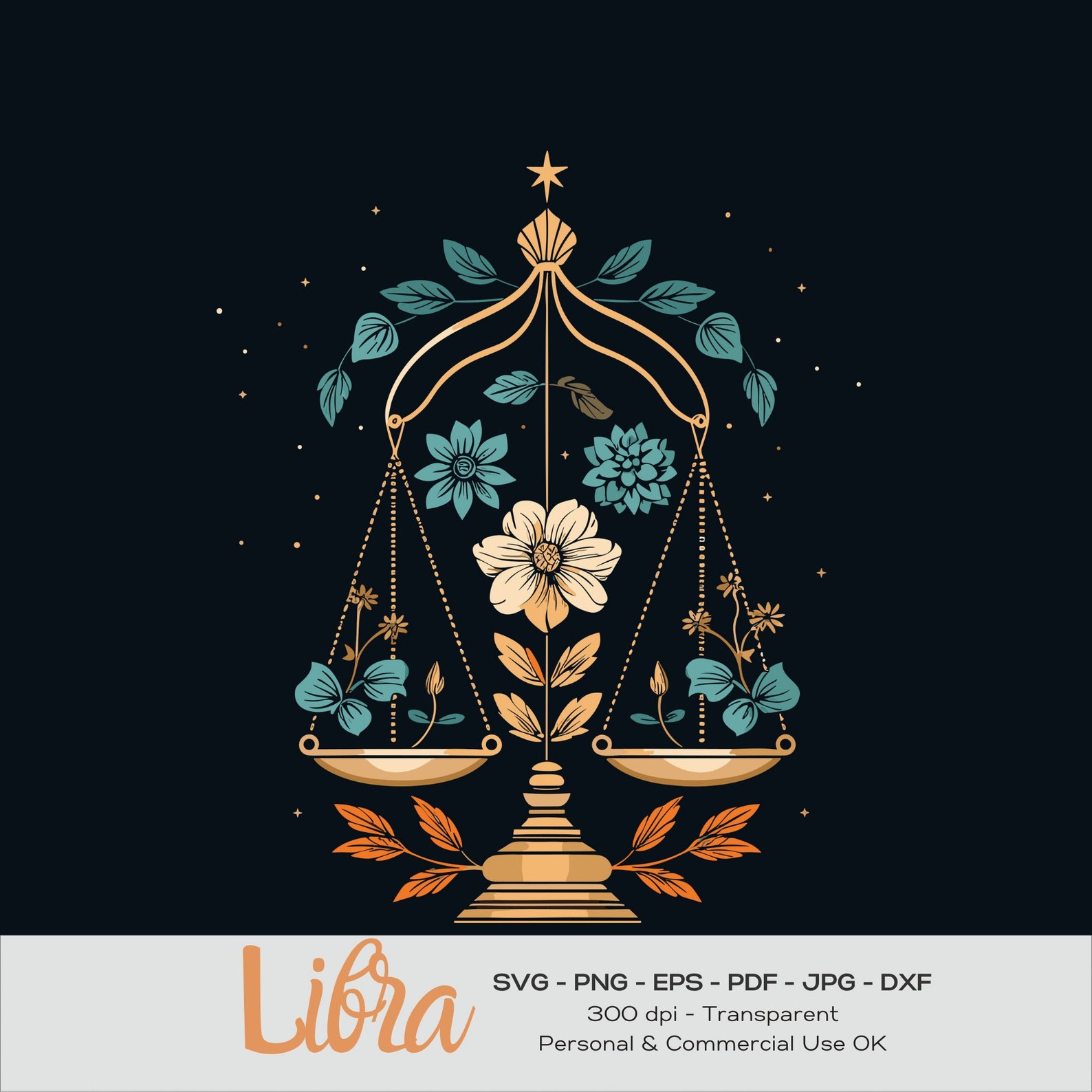 Libra Svg, Floral Scales, Star Sign Clipart, Gold Zodiac Sign, Blue and ...