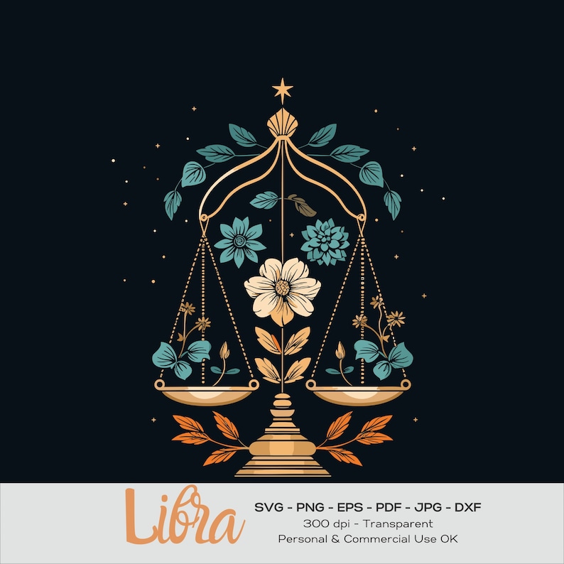 Libra Svg, Floral Scales, Star Sign Clipart, Gold Zodiac Sign, Blue and ...