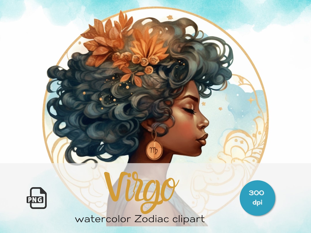 Virgo Woman Watercolor PNG, Black Girl Zodiac, Afro Goddess Magic ...