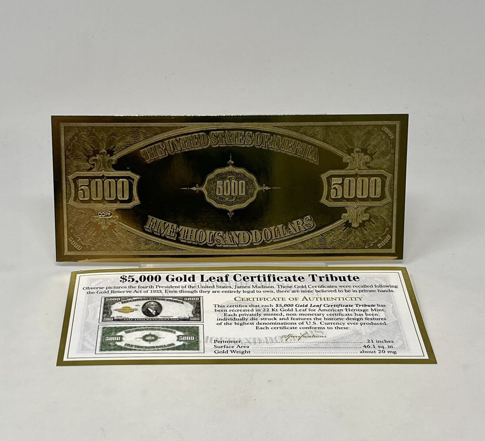 5000 Dollar Gold Leaf Certificate Tribute Currency Note of Genuine 5000 ...