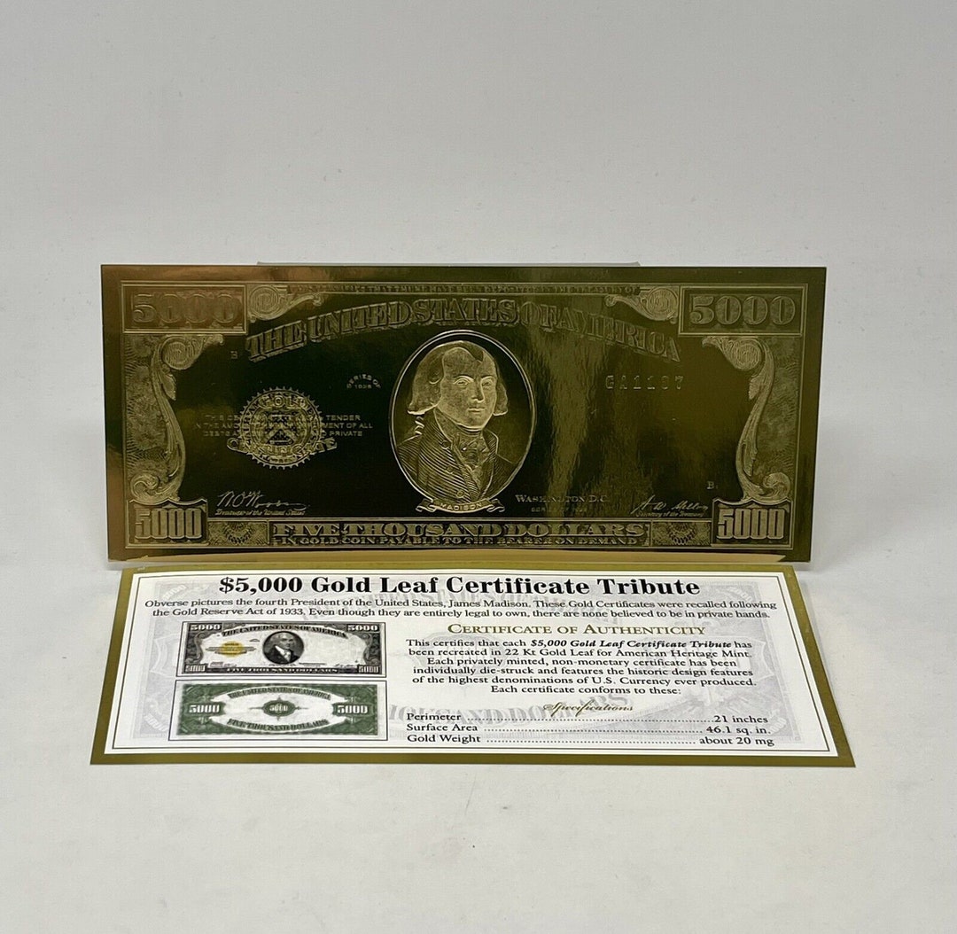 5000 Dollar Gold Leaf Certificate Tribute Currency Note of Genuine 5000 ...
