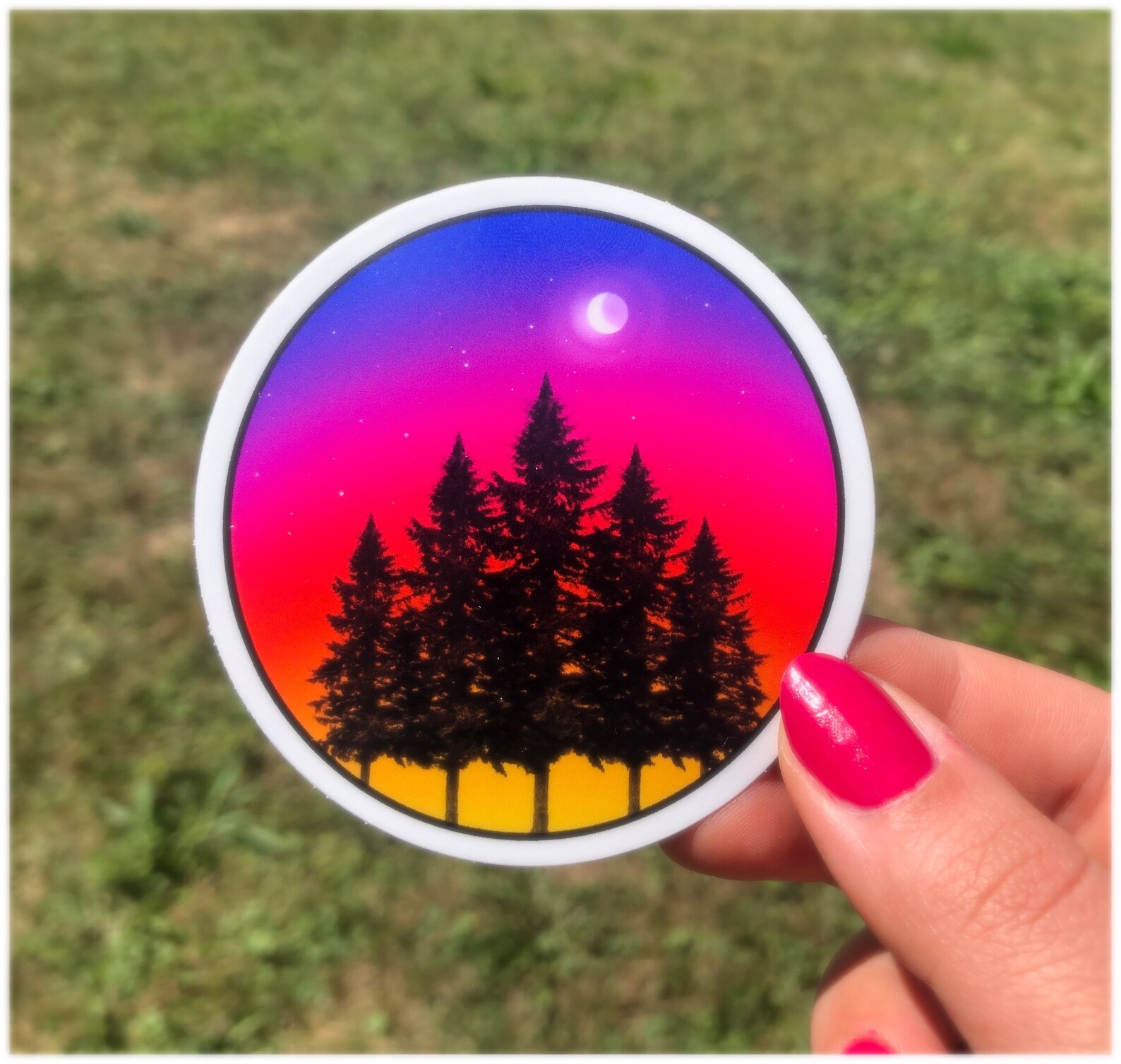 Pine Trees, Colorful Night Sky Vinyl Sticker, Moon, Stars Waterproof ...