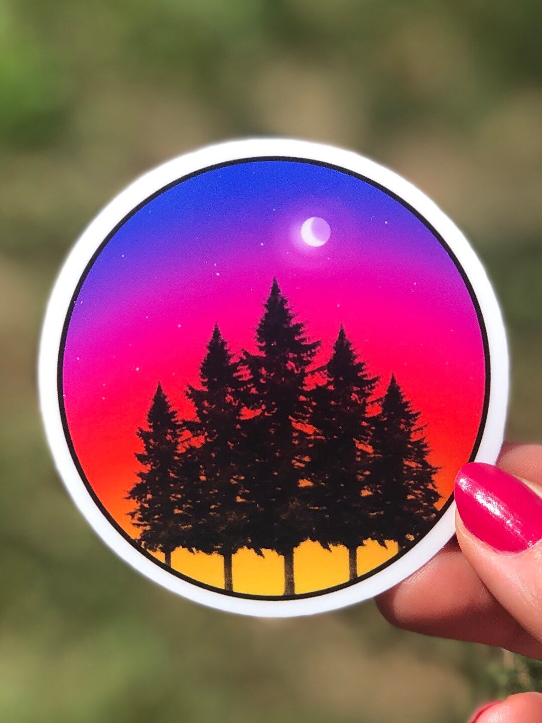 Pine Trees, Colorful Night Sky Vinyl Sticker, Moon, Stars | Waterproof ...