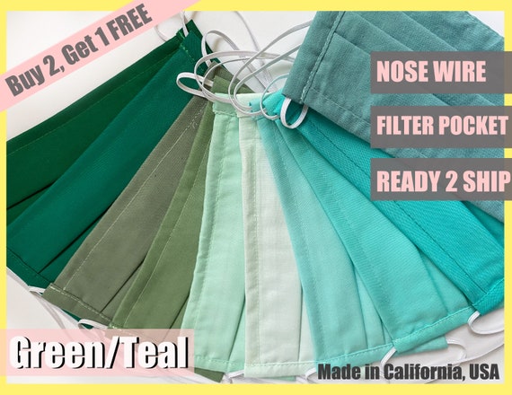 Green teal face mask pleated cloth solid color face mask with | Etsy